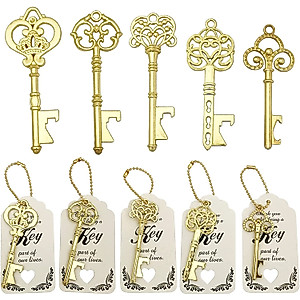WODEGIFT 50 PCS Key Bottle Openers,Bridal Shower Favors,Rustic Wedding Favors,Gifts,Decorations or Souvenirs for guests Bulk,Bridal Shower Party Favors with Card Tag and Chains (Gold)