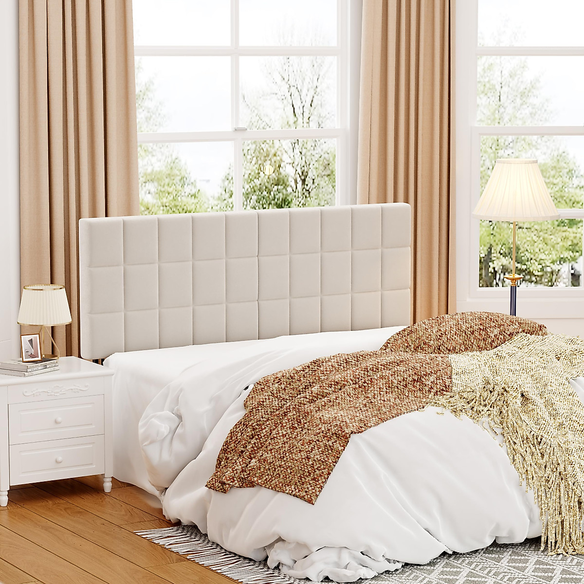 Andeworld Velvet Upholstered Tufted Queen Size Headboard,Wood Head Board with Metal Legs, Adjustable Height from 42” to 56”, Bed Headboard in Modern Design,Backboard for Bed, Beige