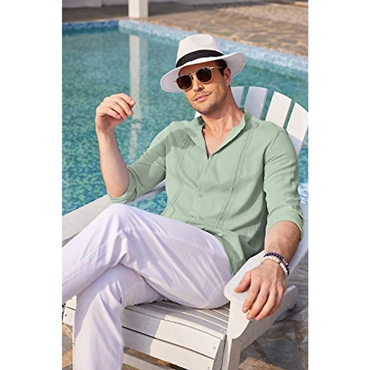 COOFANDY Men's Mandarin Collar Shirts Linen Casual Long Sleeve Button Down Shirt Summer Beach Wedding Shirt Mint Green