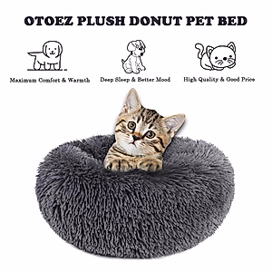 otoez Kitten Puppy Anti-Anxiety Plush Pet Calming Donut Bed With Non-Slip Waterproof Bottom, Washable Small Round Dog Cat Bed (19.7", Dark Grey)