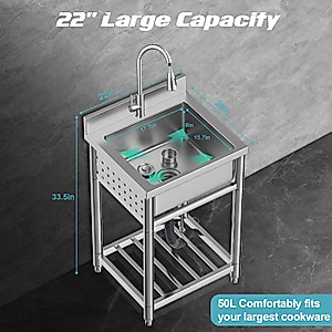 AUPOPP Utility Sink, Stainless Steel Outdoor Sink for Laundry Bar Restaurant, Free Standing Commercial Sink Portable Kitchen Sink Station with Pull-out Faucet, Cold/Hot Water for Farmhouse, Garage