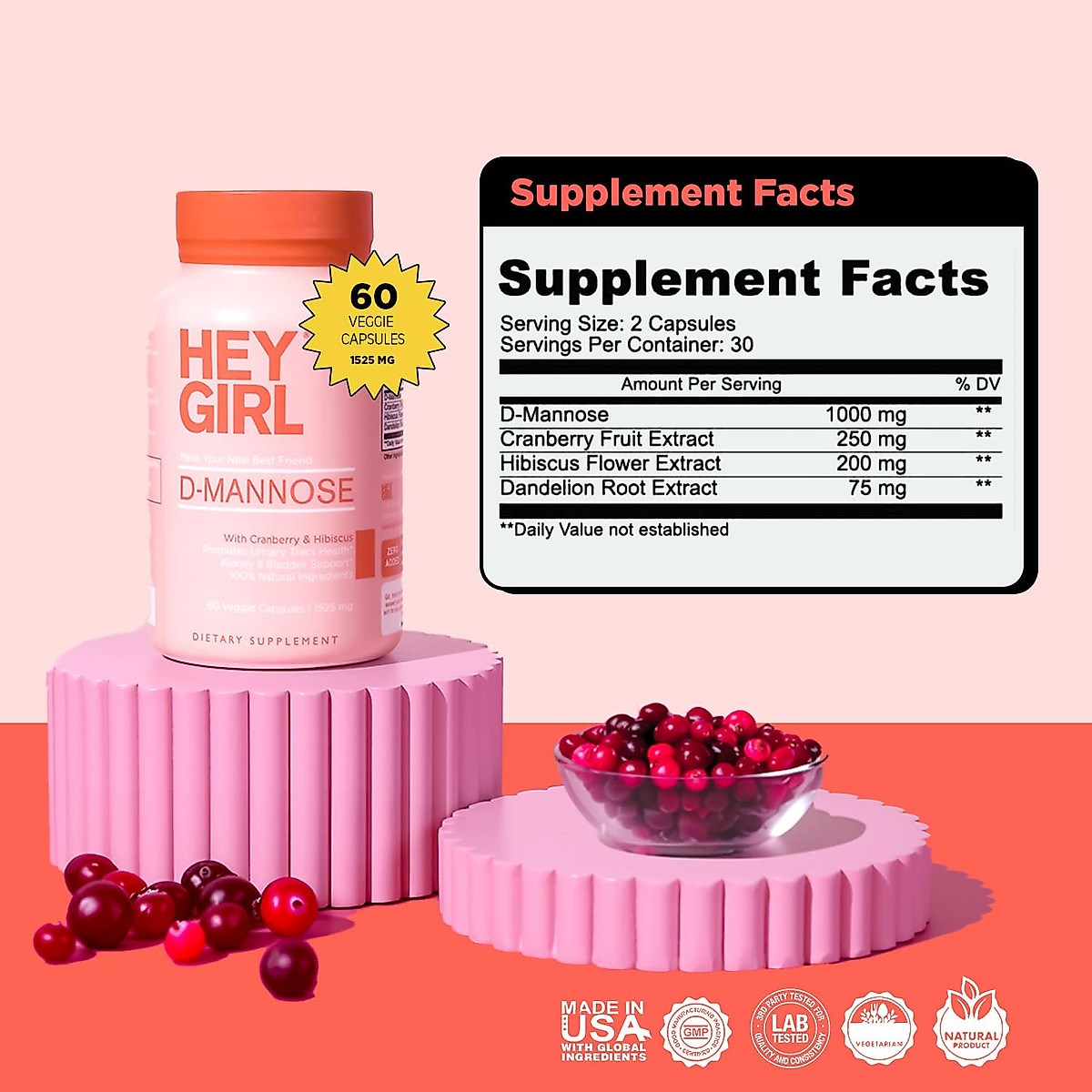 D Mannose Capsules - Fast-Acting UTI Supplement - Cleanse & Flush Impurities - with Natural D-Mannose Powder, Cranberry, Hibiscus & Dandelion - Alternative to Cranberry for Women, 60 Capsules