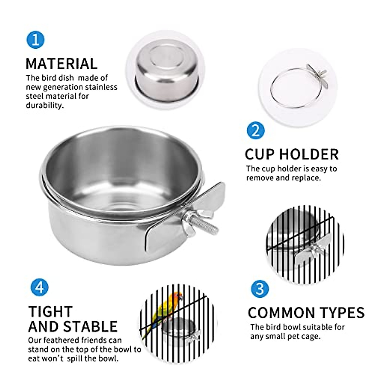 2pcs VVNIAA Stainless Steel Bird Bowls with Clamp, Durable Water Bowl, Feeding Cups, Chinchilla Food Bowl, Bird Dishes for Cage, Bird Cage Feeders and Waterers