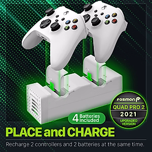 Fosmon Quad PRO Controller Charger Compatible with Xbox Series X/S Controllers (Not for Xbox One / 360 / Elite 2) Controllers, Dual Dock Charging Station with 4 Rechargeable Battery Packs - White