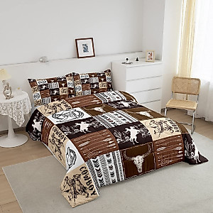 Manfei Western Cowboy Comforter Set Queen Size, Bull Skull Horse Arrow Print Quilt Set with 2 Pillowcases, Geometric Grid Brown Plaid Print Bedding Set 3pcs for Kids Boys Teens Bedroom Decor