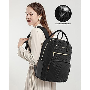 LOVEVOOK Quilted Laptop Backpack for Women, Large Capacity Travel Backpack with Luggage Strap, Stylish Women Backpack with USB Port, Waterproof Anti-Theft Work Backpack for Business Casual Black