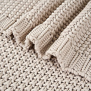 Longhui bedding Chunky Cable Knit Throw Blanket Lightweight Beige 100% Organic Cotton Blanket for Sofa Couch Bed Baby Nursery, Rustic Shabby Chic Modern Farmhouse, 51” x 63” Give Laundering Bag