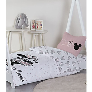 Pink Minnie Bedding Set 100% Cotton Toddler Crib Bed 3 Pcs (Fitted Sheet, Pillowcase, and Duvet Cover)