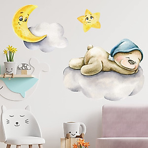 Cute Bear Sleeping Wall Stickers Baby Decor for Nursery Bear Wall Decals for Kids Bedroom Playroom