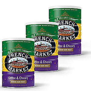 French Market Coffee, Coffee and Chicory, Medium-Dark Roast Ground Coffee, 12 Ounce Metal Can, Limited-Edition Mardi Gras Can (Pack of 3)