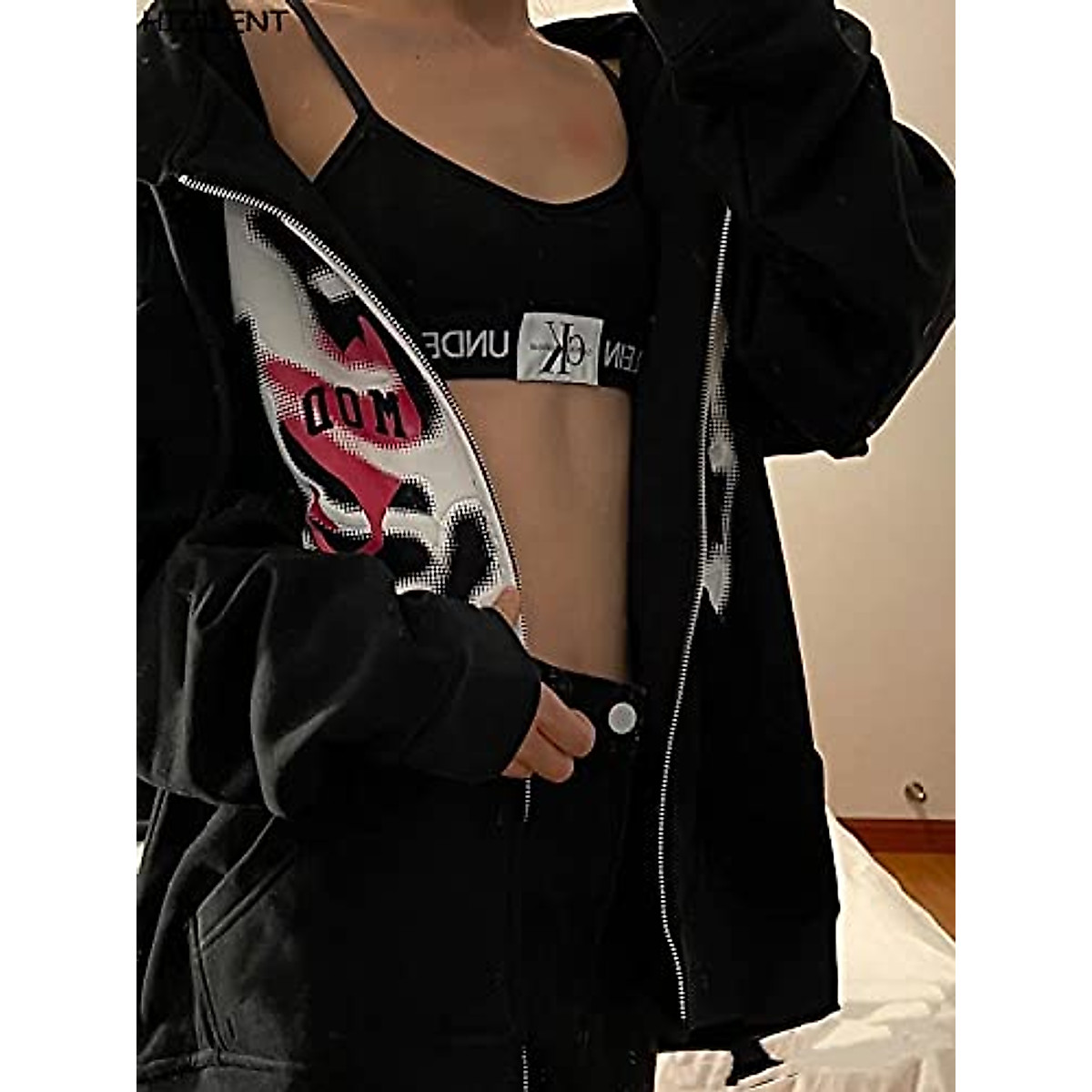 Women's Y2K Vintage Graphic Zip Up Hoodie Oversized Casual Drawstring Hoodie E-Girl 90s Streetwear Jacket Tracksuit(C-black,L)