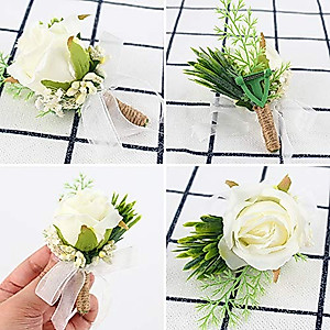 JOHOUSE 2Pcs Rose Wrist Corsage Wristlet Band Bracelet and Men Boutonniere Set,Groom Groomsman Best Man and Girl Brides Wedding Flowers Accessories Prom Suit Decoration,White