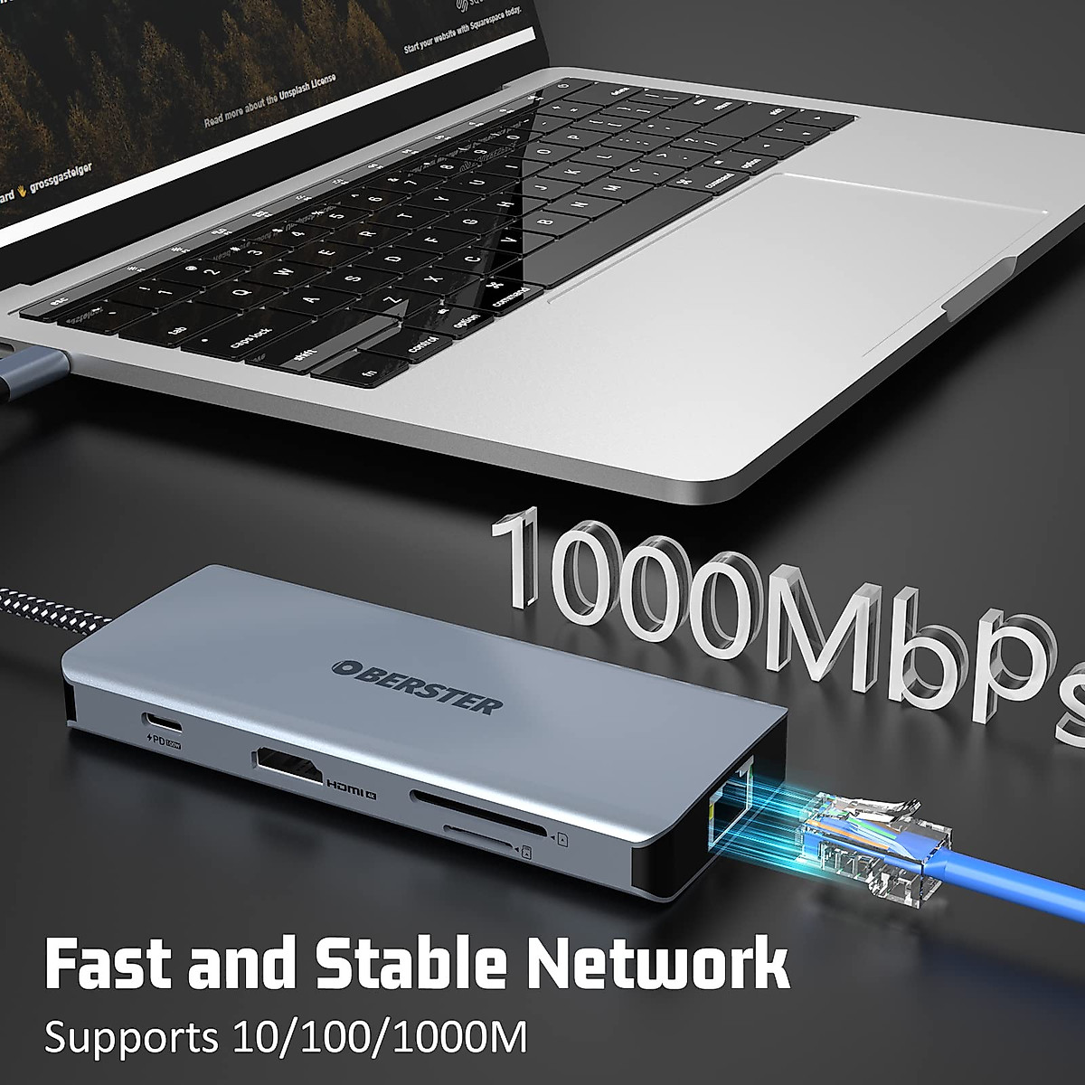 USB-C Hub OBERSTER USB C Adapter for MacBook, 8 in 1 Dual Display Docking Station with 4K HDMI, LAN RJ45, 2 USB 3.0, USB 2.0, 100W PD, SD/TF Compatible with MacBook Pro/Air/Windows Surface Pro 7