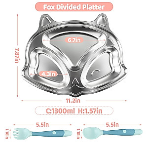 HOLIPOT 304 Stainless Steel Divided Plates, Food-Grade Toddlers Babies Kids Tray, 1300 Ml Toddler Plates with Suction, Self Feeding Training Kids Plates,Fits for Most High chairs Trays (Fox)