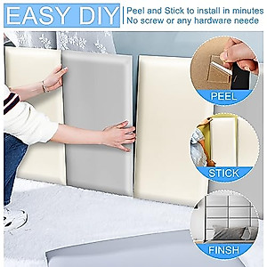 Hanaive Peel and Stick Headboard 23.6'' x 11.8'' Upholstered Wall Panels for Twin, Queen and King 3D Anti Collision Wall Panel Reusable and Removable Padded Wall Panel for Bedroom (Gray, White,6 Pcs)