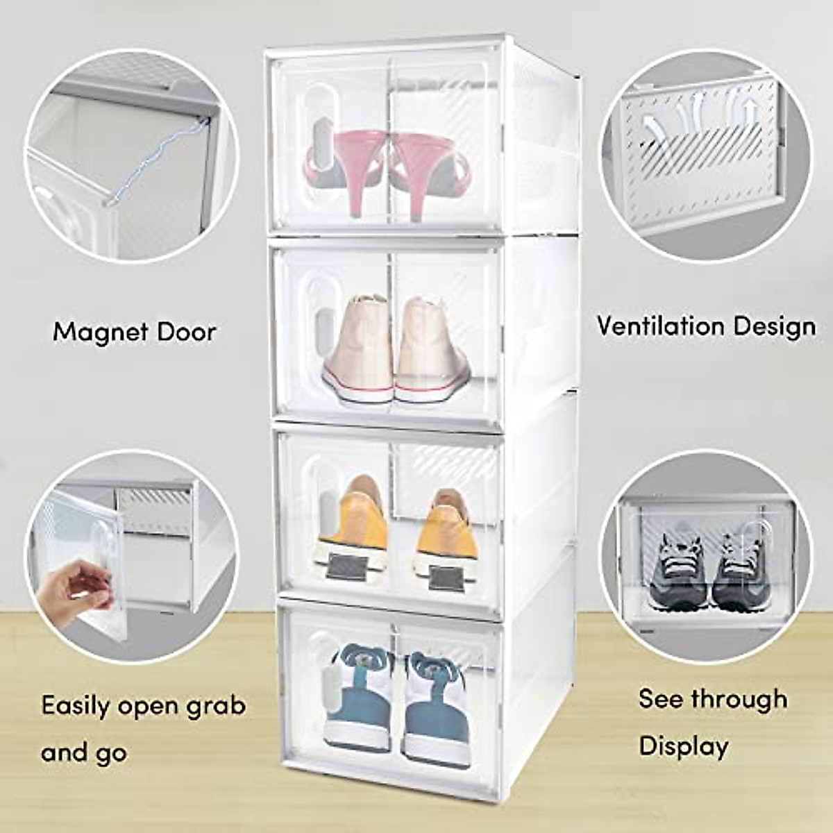 XiangGuanQianYing Shoe Box,6 Pack Large Shoe Boxes Clear Plastic Stackable,Space Saving Foldable Shoe Organizer Boxes