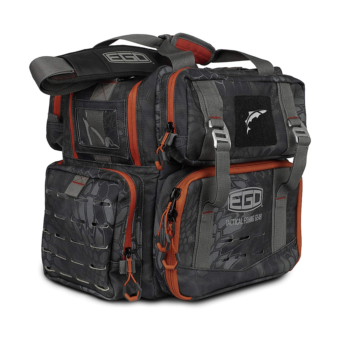 Ego Kryptek Tackle Box, Fishing Pack with 4 Accessory Trays, Water Resistant PVC, Multiple Storage Pockets, Tool Bag, G-Hook Closure System