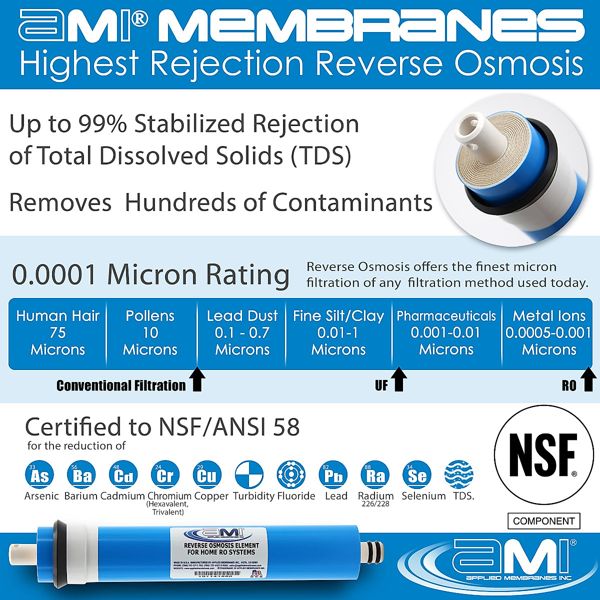 APPLIED MEMBRANES INC. 75 GPD Reverse Osmosis Membrane | RO Membrane Water Filter Replacement for Reverse Osmosis Water Filtration System | 1.8” x 12” Universal Compatibility | Made in USA