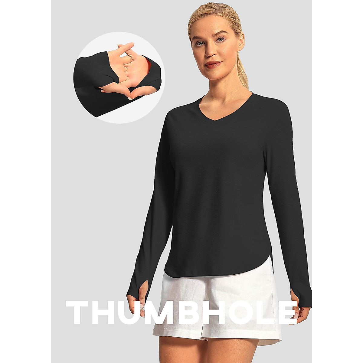 Hiverlay Long Sleeve Workout Shirts for Women V Neck UPF 50+ Athletic Shirts with Thumbhole Running Loose Active T-Shirts Black l