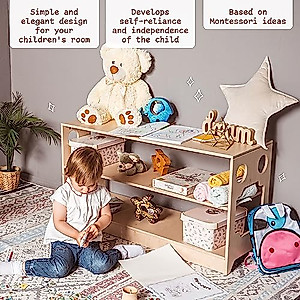 Woodandhearts Montessori 3 Tier Shelf - Low Open Shelf for Toddler - Wooden Floor Kids Organizer - Nursery Shelf for Storage (Natural wood, Low shelf "in order"))