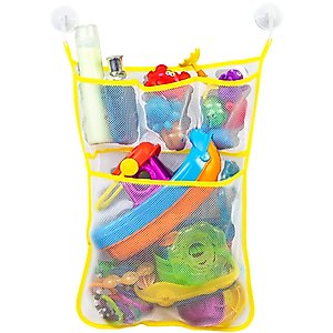 S&T INC. Baby Bath Toy Storage for Tub with Pockets, Kids Bath Toy Holder or Mesh Shower Caddy, Holds Kid Toys, Soaps, or Shampoos, 14 Inch by 20 Inch Net with Hooks Included, Yellow, 1 Pack