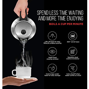 Chefman Stainless Steel Electric Kettle w/ 360° Swivel Base, Auto Shut Off & Boil Dry Protection, BPA-Free Interior and Cool-Touch Handle, 7+ Cup Capacity, 1.7 Liter, 1500W