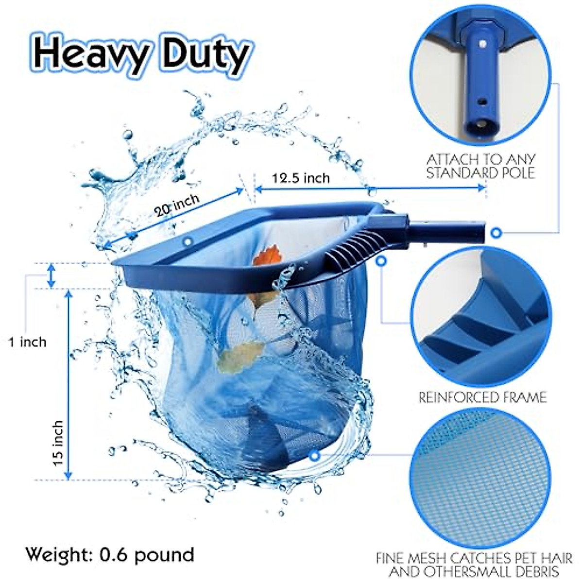 Pool Skimmer Net, Heavy Duty Leaf Rake Cleaning Tool, Fine Mesh Net Bag Catcher