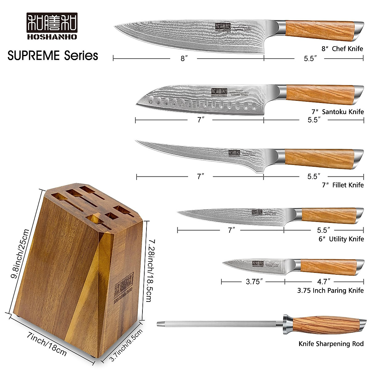 HOSHANHO Knife Set with Block 7-Piece, Professional 67-layer Damascus Super Steel Kitchen Knife Sets for Cooking, Ultra Sharp Knife Set with Sharpener