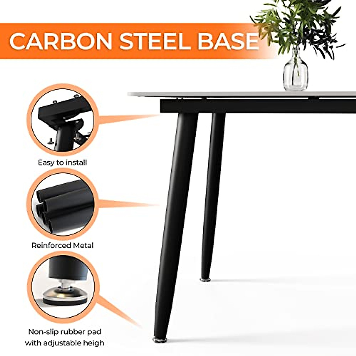 VVSmriti Modern Dining Table with Sintered Stone Table Top and Carbon Metal Base, 55/inch Rectangular White Kitchen Table, Fade Resistant, Scratch Resistant, Easy Assembly 55/inchx27.5/inchx29.3/inch