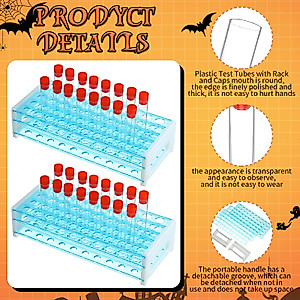 Xuhal 100 Pcs Halloween Plastic Test Tubes with Rack, 16 x 100 mm Clear Test Tubes with Caps 10 ml Test Tubes with Lids and 50 Holes Test Tube Holder for Nurse Party Decorations Party Favors