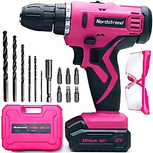 Pink Cordless Drill Set - Electric Screwdriver Cordless Drill Kit for Women - 12V Rechargeable Li-Ion Battery - Storage Case, Bits, Drills & Safety Glasses - Gift for Mom, Sister or Wife