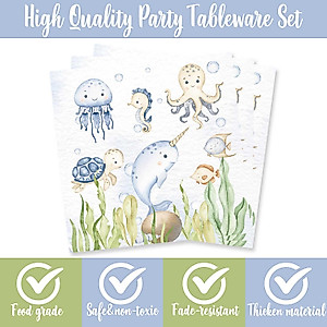 HEETON 80Pcs Undersea Party Supplies Plates Octopus Jellyfish Whale Cute Ocean Animals Baby Shower Party Decorations for Blue Boy Baby Bday