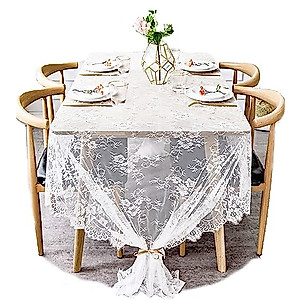 BOXAN 60x120 Inch Gorgeous White Lace Tablecloth Overlay Rose Vintage Embroidered, Romantic Boho Wedding Reception Table Decor, Baby & Bridal Shower Décor, Elegant Chic Outdoor Tea Party Tablecover