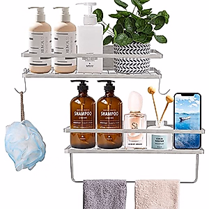 LKKL Shower Caddy Shelves - 5 in 1 Shower Shelf Bathroom Accessories - Bathroom Shelves Wall Mounted Shower Rack Organizer 2 Pack Basket Shelf, 2 Hooks, 1 Towel Holder(Brushed Nickel)