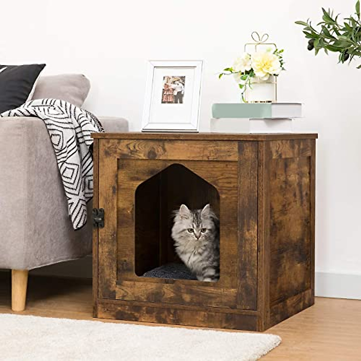 HOOBRO Cat Litter Box Enclosure, Hidden Litter Box Furniture, Enclosed Cat House Side Table, Cat Washroom with Door, Enlarged Cat Litter Cabinet for Fat Orange Cat, Nightstand, Rustic Brown BF01MW01