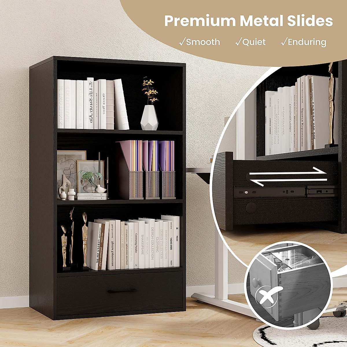 LOKO 4-Tier Bookcase with Storage Drawer, Modern Organizer Display Storage Shelves with Anti-toppling Device, Freestanding Bookshelf with 3 Open Shelves & 1 Drawer, Living Room, Study, Office (Black)