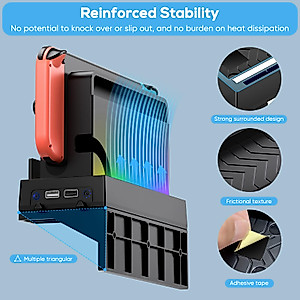 RGB Switch Wall Mount Kit for Nintendo Switch and OLED, Switch Dock Console Holder Stand, Switch Accessories with 7 Light Modes, 7 Card Slots, 4 Joy Con Hangers, 2 USB Ports, Behind TV, Graphite Black