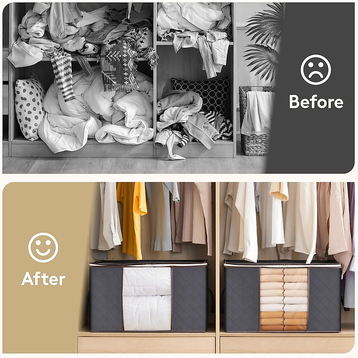 Lifewit Large Capacity Clothes Storage Bag Organizer with Reinforced Handle Thick Fabric for Comforters, Blankets, Bedding, Foldable with Sturdy Zipper, Clear Window, 3 Pack, 90L, Grey