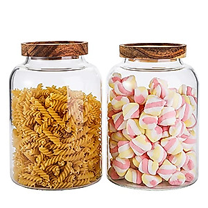 Bekith 2 Pack Large Glass Food Storage Container with Airtight Wooden Lid, 66 FL OZ(1950ml) Glass Food Canister for Kitchen and Pantry Organization, Cereal Dispenser Jars for Spaghetti Pasta, Tea, Coffee
