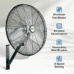 Hurricane 20 Inch Pro Commercial Grade Corded Electric Classic Oscillating Wall Mount Fan with 3 Speed Settings for Air Circulation, Black