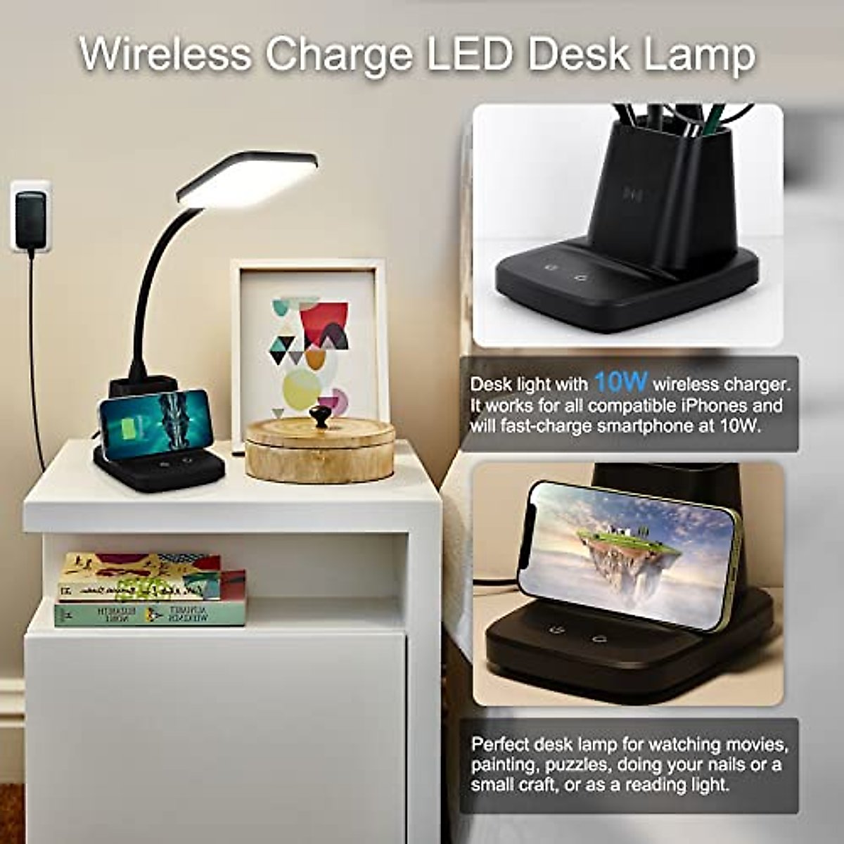 Sailstar LED Desk Lamp with Wireless Charger, Black Desks Lamp for Home Office, 3 Color Modes, Stepless Dimming, CRI 85, 800 Lumen, Study Lamp with Pen Holder for College Dorm Room, Adapter Included