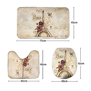 Amagical 16 Piece Vintage Paris Brown Eiffel Tower Shower Curtain Set Bathroom Mat Set Purple Flower Butterfly Bath Mat Contour Mat Toilet Cover and Shower Curtain with 12 Hooks