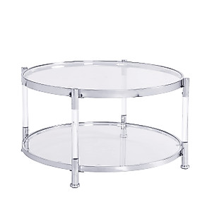 MISPACIO Tempered Glass Round Coffee Table, 32" Modern Acrylic Legs Circle Coffee Table with Clear Glass Top for Storage, Circular Center Table with Open Shelf for Living Room
