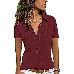 Andongnywell Womens Short Sleeve Shirts V Neck Collared Button Down Shirt Tops with Pockets Summer Business (Red Wine,7,4X-Large)