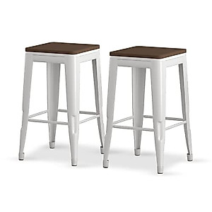 Mjkone 26.4'' Square Metal Bar Stool,Indoor Outdoor Stackable Barstools,Modern Industrial Top Bar Stools Set of 2(White)