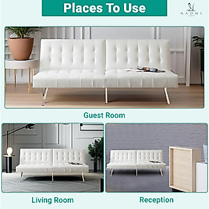 Naomi Home Tufted Split Back Futon Sofa Bed, Faux Leather Couch Bed, Futon Convertible Sofa Bed with Chrome Legs, Folding, Reclining Small Convertible Couch, Futon Couches for Living Room White