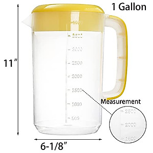 Jucoan 1 Gallon Plastic Straining Pitcher, Large Water Carafe Drink Pitcher Jug Clear Ice Tea Maker Beverage Pitcher with Yellow Strainer Cover, Handles, Measurements, Perfect for Ice Tea, Lemonade