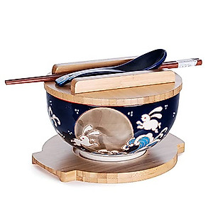 Japanese Dinnerware Set, Moon Rabbits Bowl with Wooden Lid, Chopsticks, Soup Spoon and Trivet, 7 Piece Kit