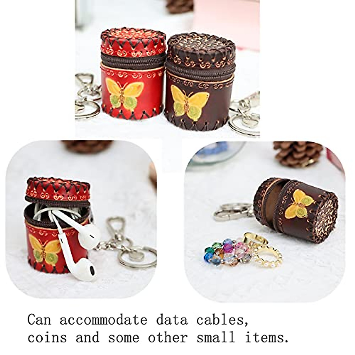 Fanyixuan Handmade mini leather bucket bag pendant jewelry box jewelry classification storage box change storage bag personalized bag pendant(Brown and red)