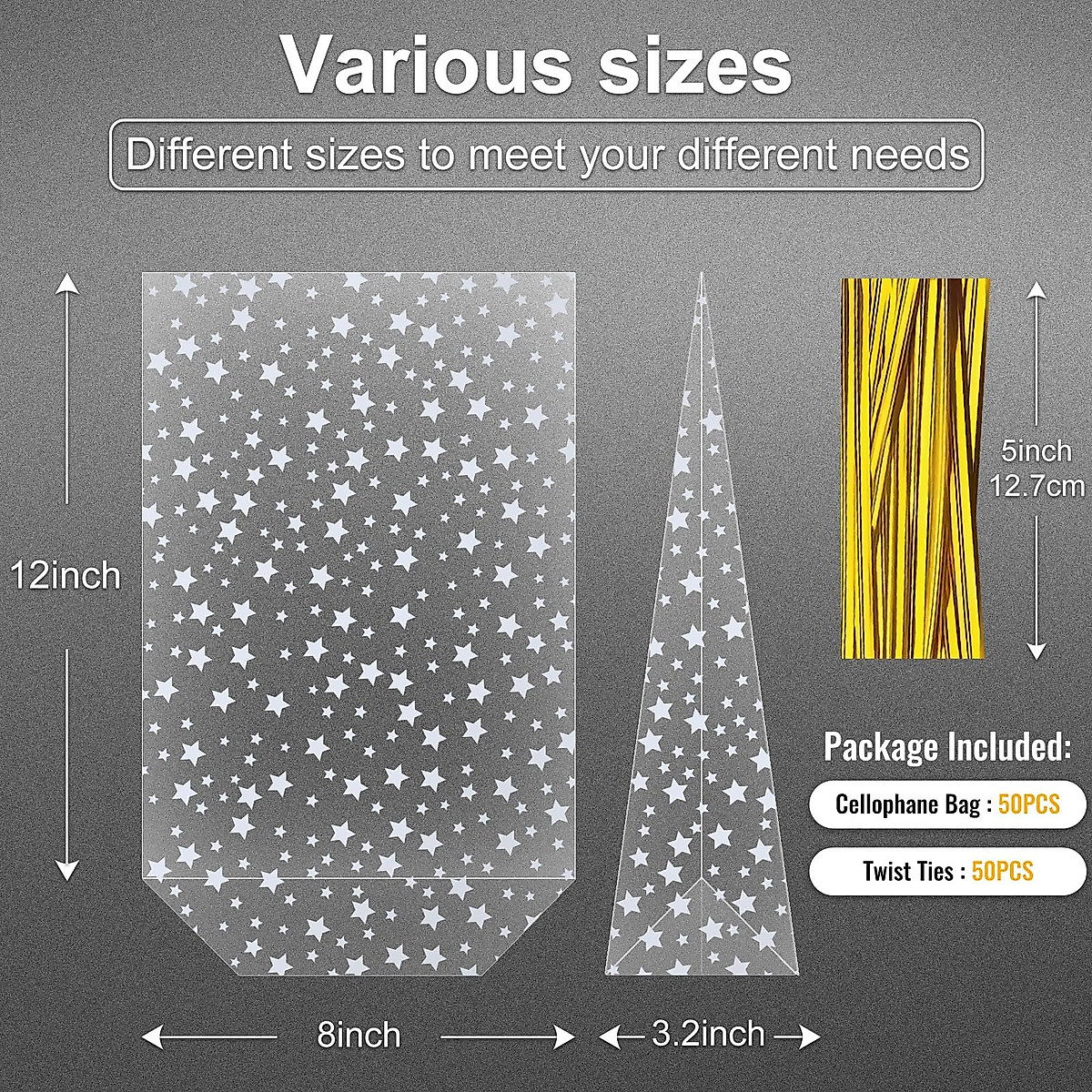 Bottom Gusset Bags 50Pcs 8X12" Silver Star Clear Cellophane Bags Plastic Gift Bags Cello Bags Treat Bags Bulk Party Favor Goodie Cookie with Gold Twist Tie